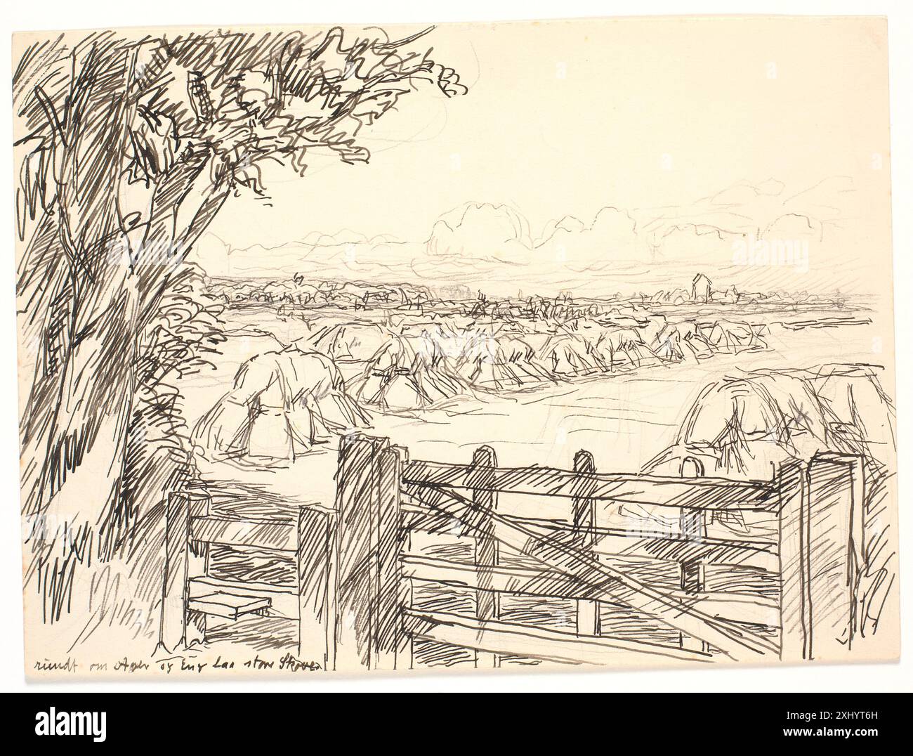 Drawing depicting large forests surrounding fields and meadows, showing ...