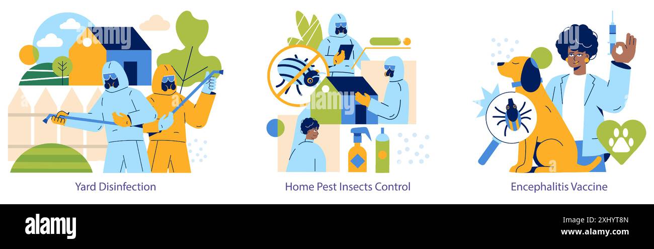 Insect Pest Control set. Illustrates exterminators in action and ...