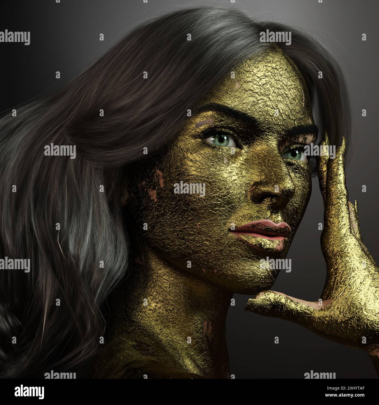 side portrait of a woman with long dark brown hair and a fully gilded ...