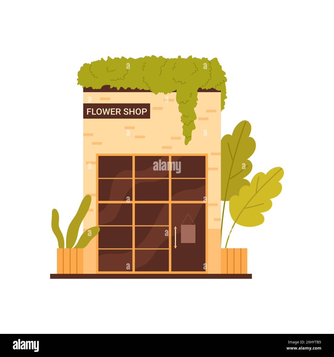 Modern brick building of flower shop with panoramic window and green ...