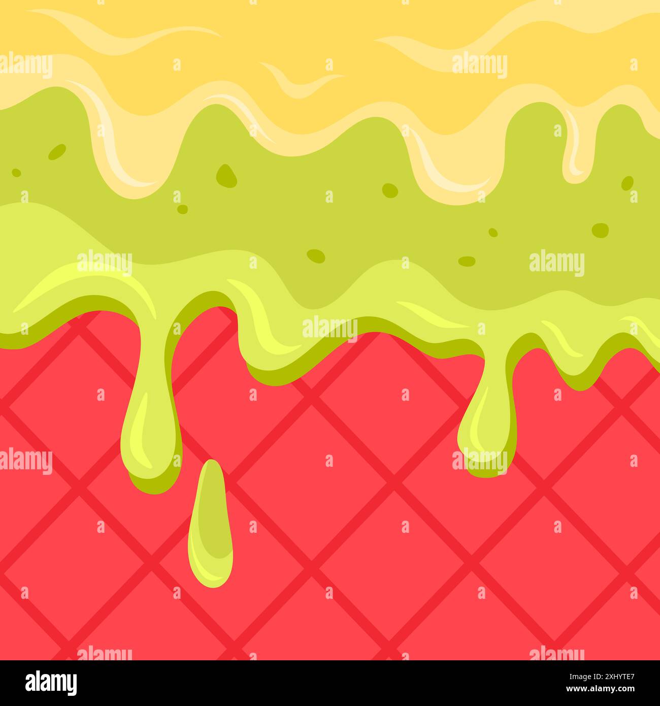 Liquid layers of green and yellow ice cream flow down surface of waffle ...