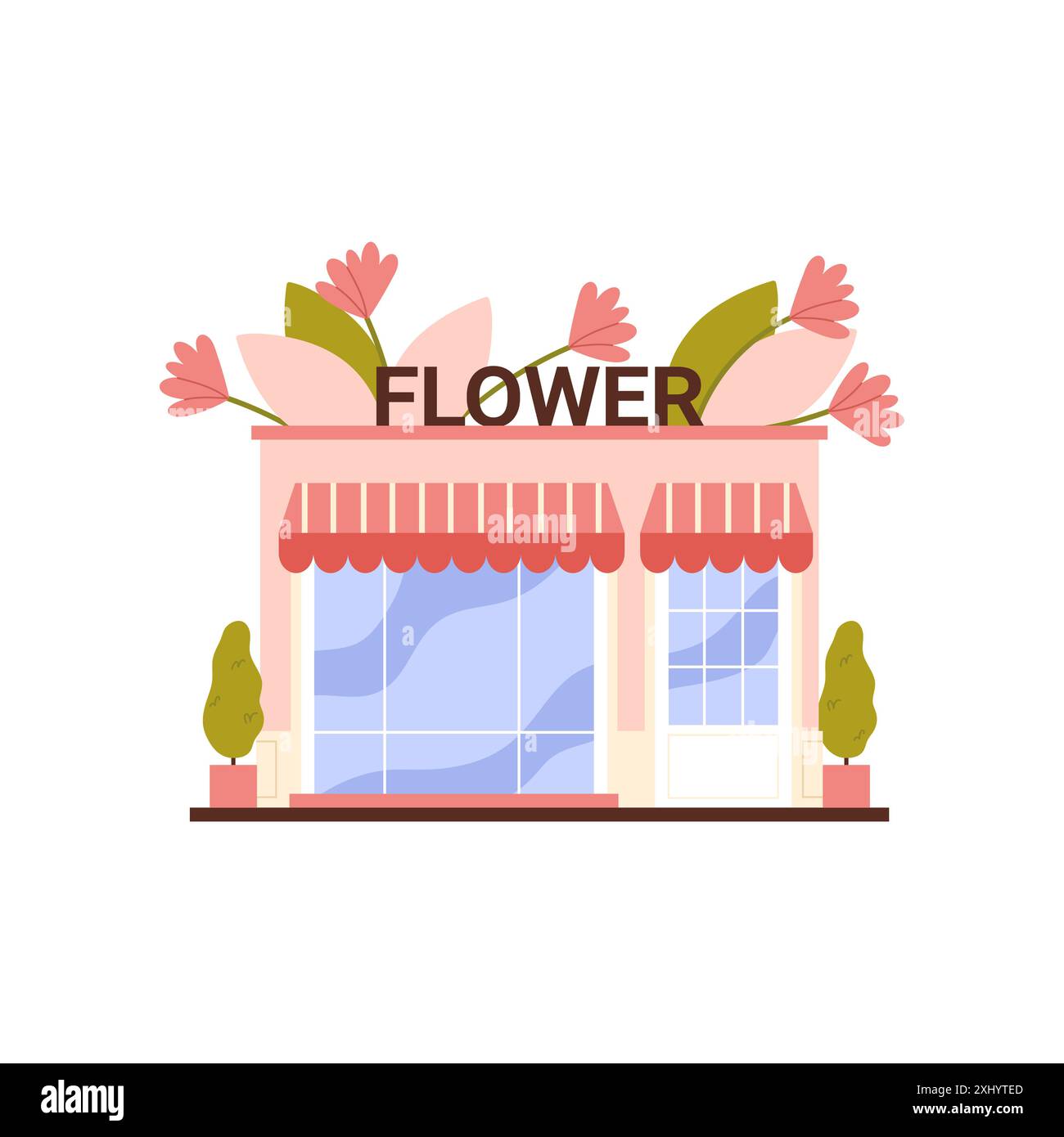 Flower shop street view with front door, pink walls and blossoming ...