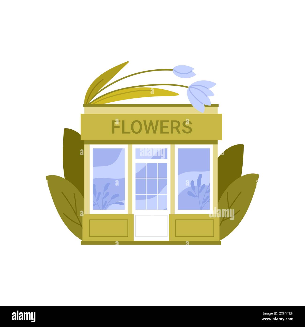 Flower shop exterior, green building with blue tulip decoration vector ...
