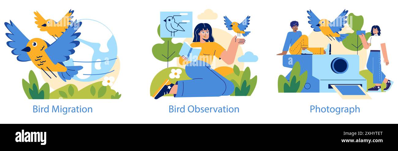 Birdwatching Set Enthusiasts Engage In Bird Migration Tracking