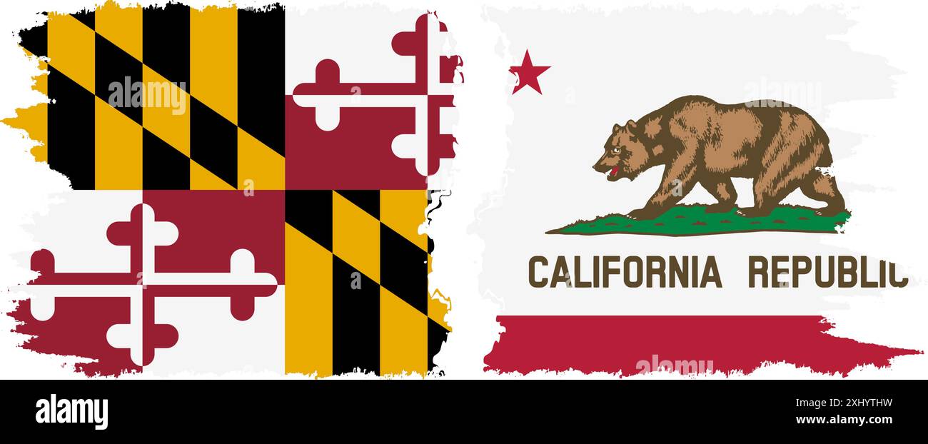 California and Maryland states grunge brush flags connection, vector ...