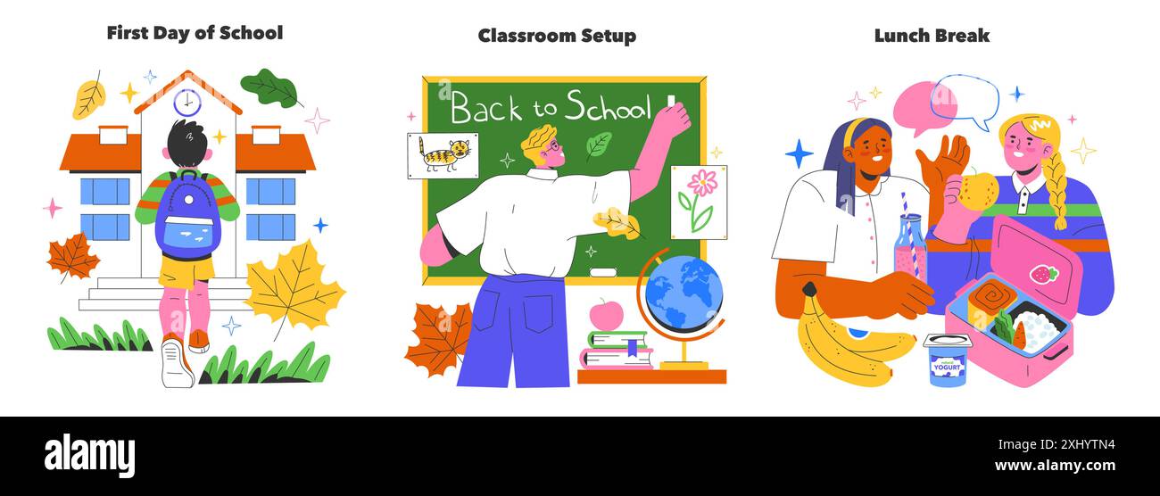 Back to School set. Vibrant scenes of student life, from first-day ...