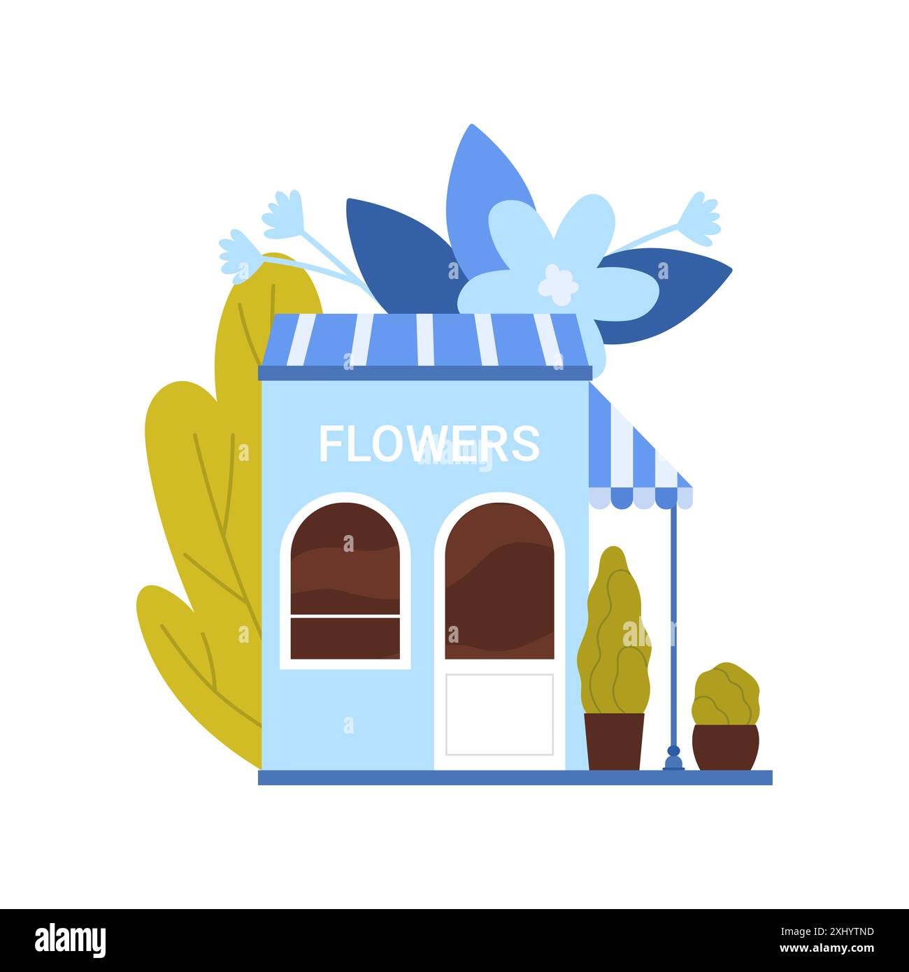 Blue cute flower shop building with canopy, florist store for selling ...