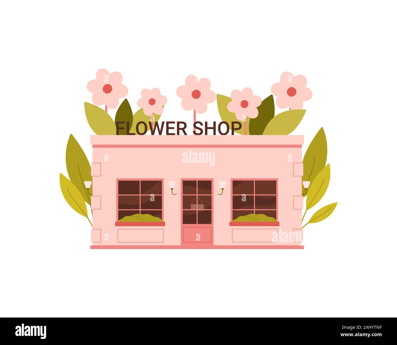 Pink building of flower shop with cute floral decoration and lamps ...