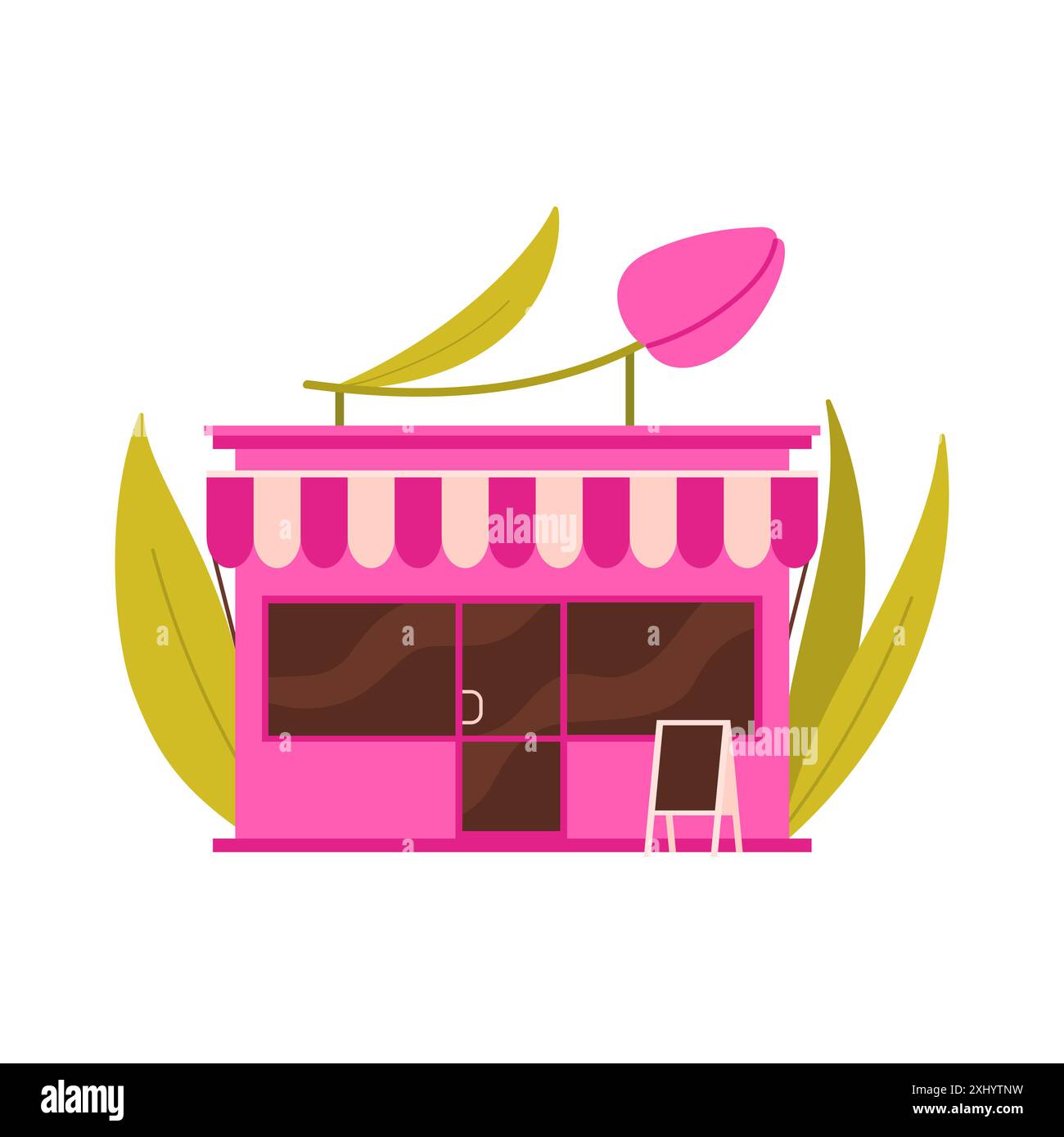 Flower shop with pink tulip and canopy, chalkboard at entrance vector ...