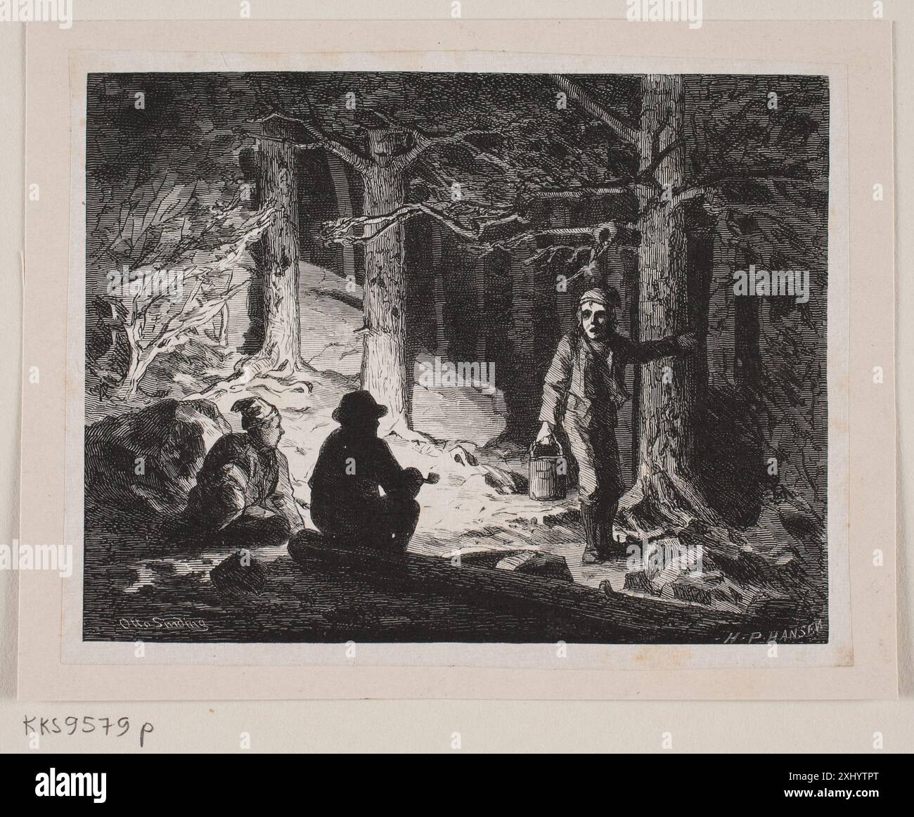Xylograph print by Hansen and Sinding depicting a forest at Krogskoven ...