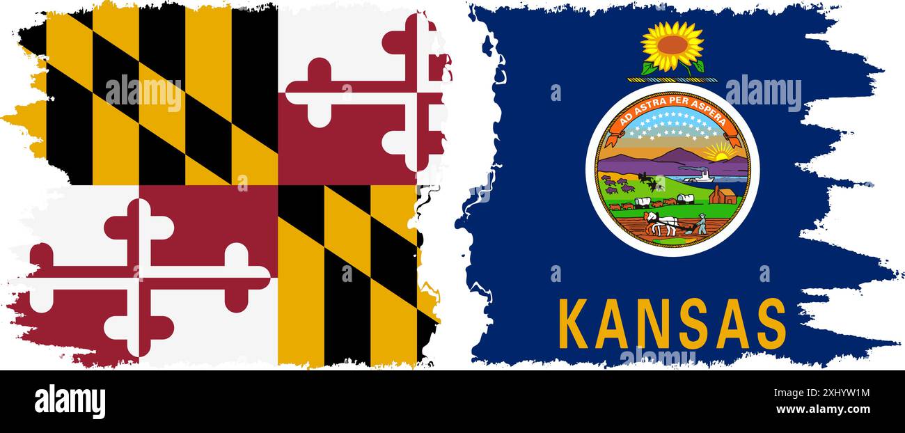 Kansas and Maryland states grunge brush flags connection, vector Stock ...