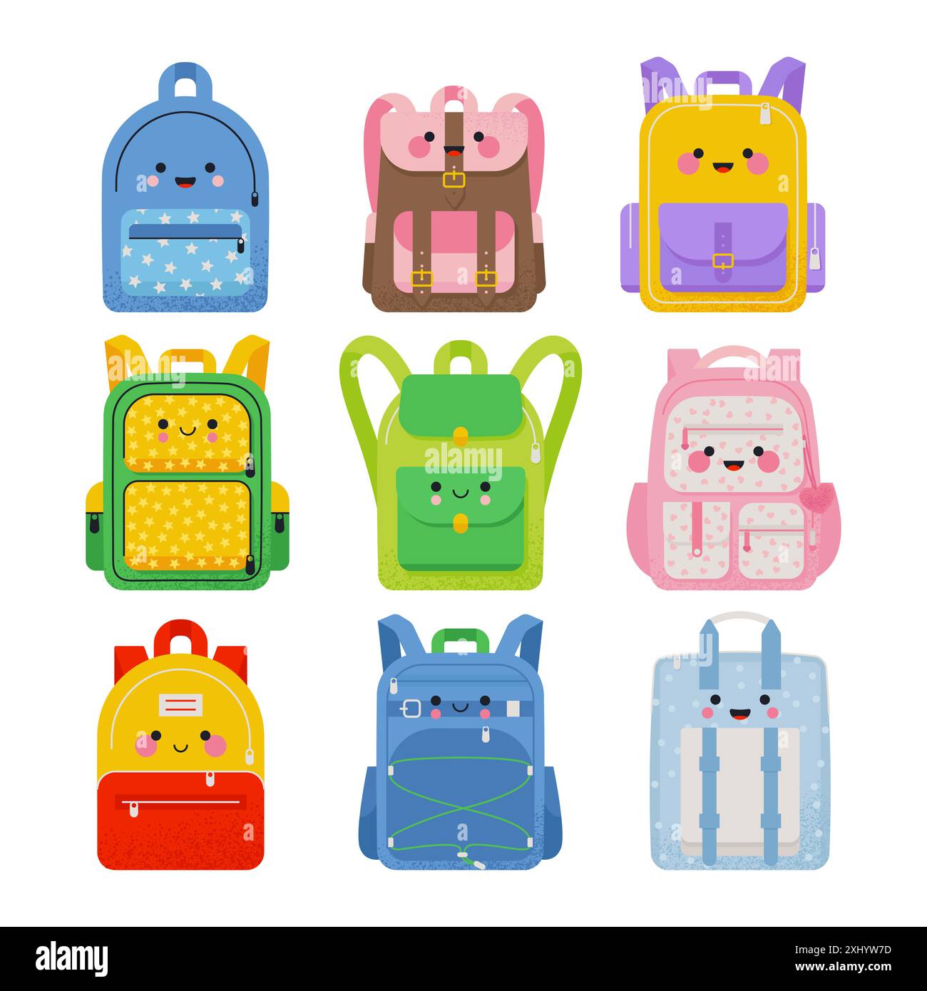 Cute school kids backpack set. Flat Vector illustrations in kawaii ...