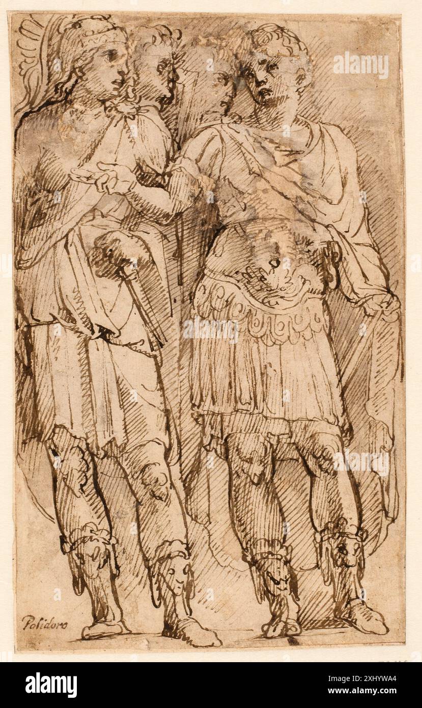 Drawing depicting a Roman general accompanied by three soldiers ...