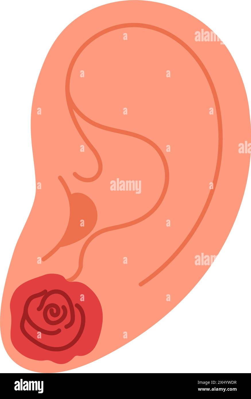 Ear with earring. Piercing. Rose earring, summer flower jewelry. Hand ...