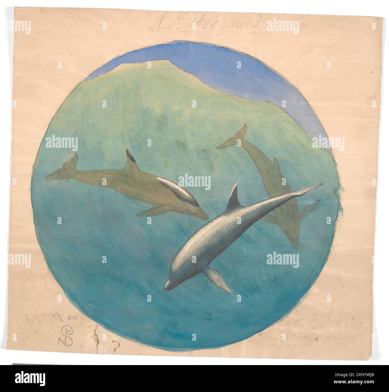 Leaping dolphins Skovgaard, Niels 1858 - 1938 Watercolour, Drawing ...