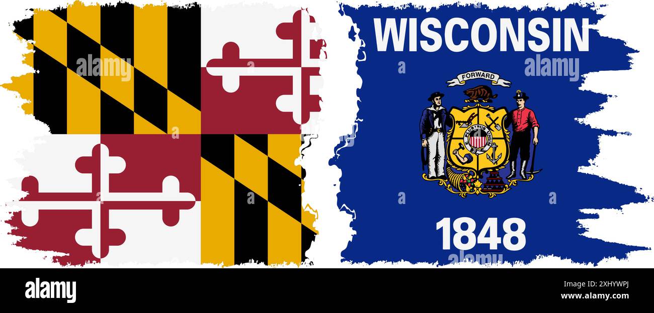 Wisconsin and Maryland states grunge brush flags connection, vector ...