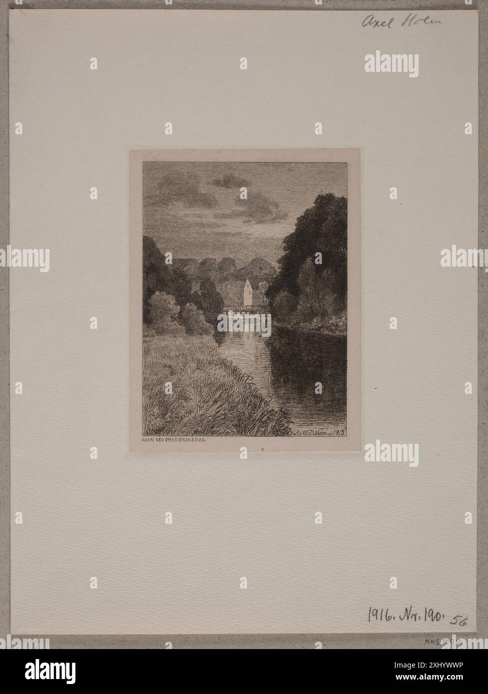 The river at Frederiksdal Holm, Axel 1861 - 1935 Etching, Print Åen ved ...