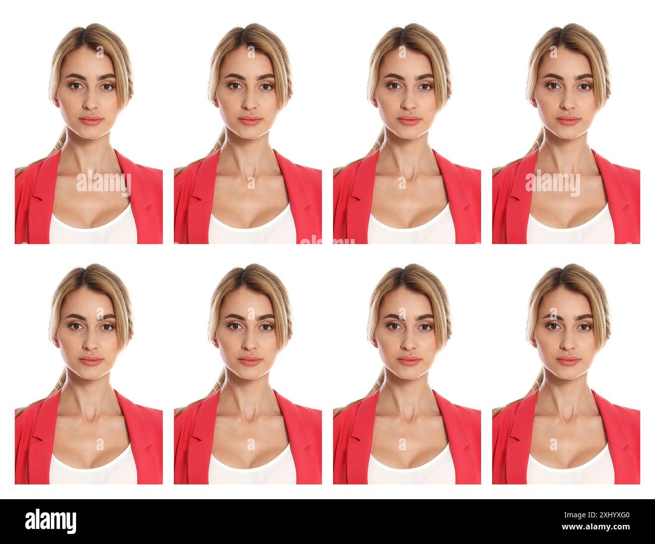 Portrait of woman on white background, set. Passport photo Stock Photo ...