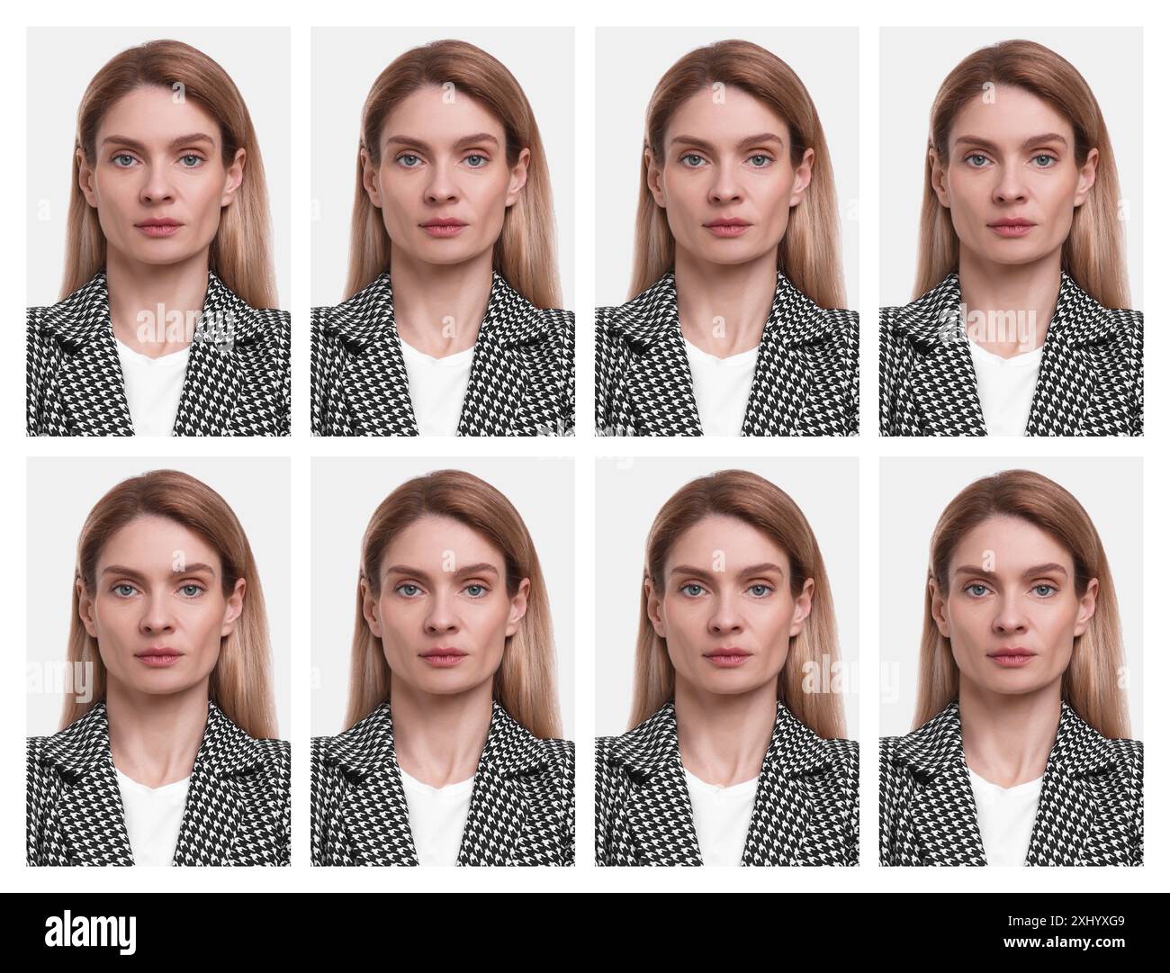 Portrait of woman on white background, set. Passport photo Stock Photo ...