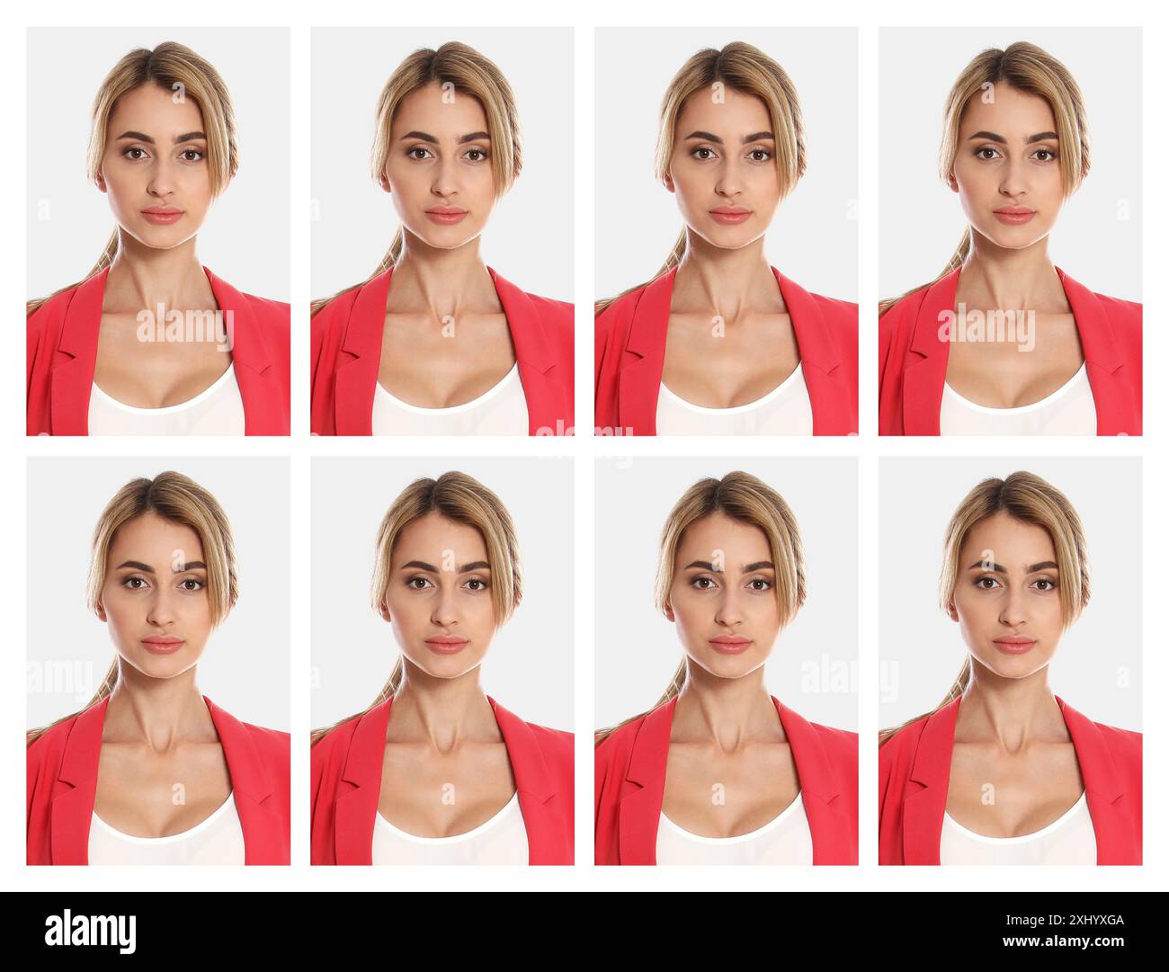 Portrait of woman on white background, set. Passport photo Stock Photo ...