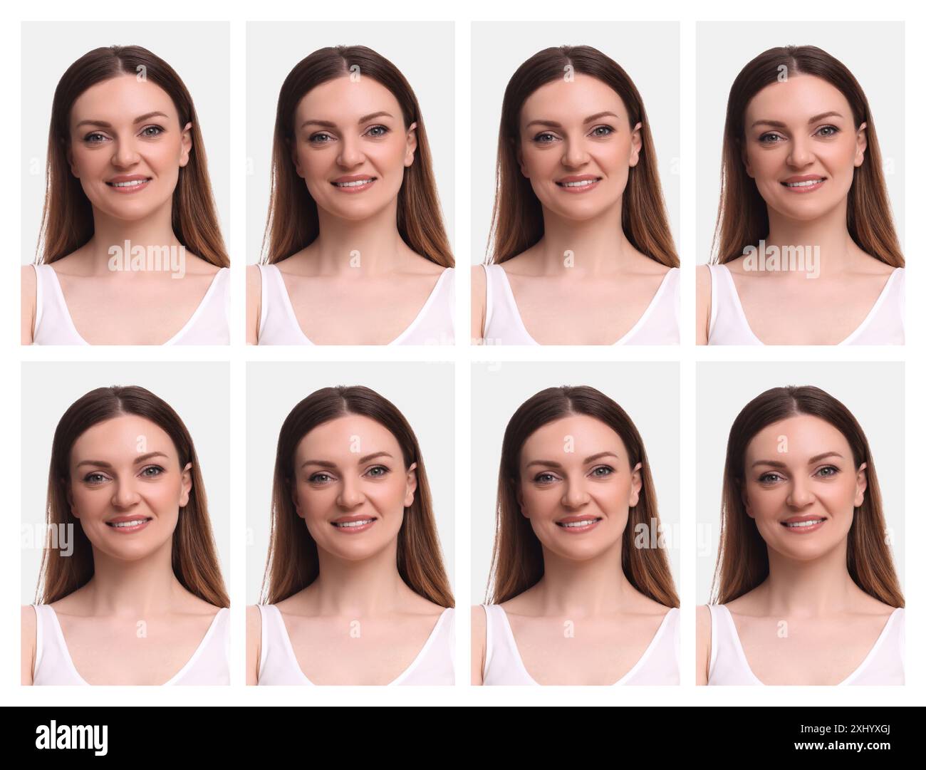 Portrait of woman on white background, set. Passport photo Stock Photo ...