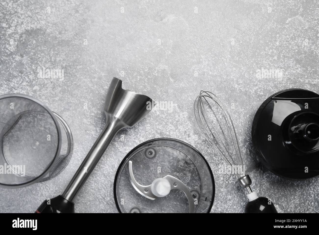 Hand blender kit on grey table, flat lay Stock Photo - Alamy