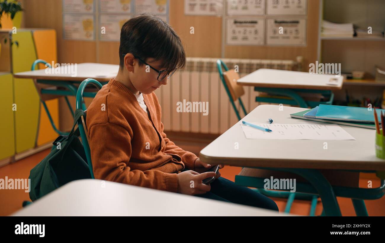 School education studying Caucasian boy little son schoolboy kid child ...