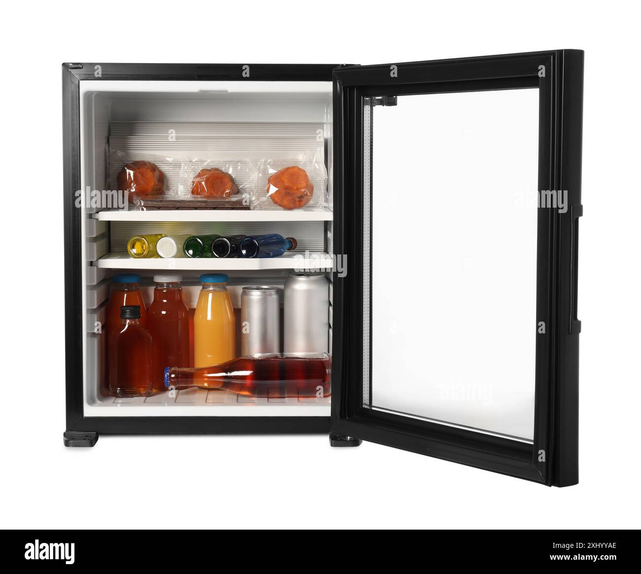 Mini refrigerator with drinks and snacks isolated on white Stock Photo ...