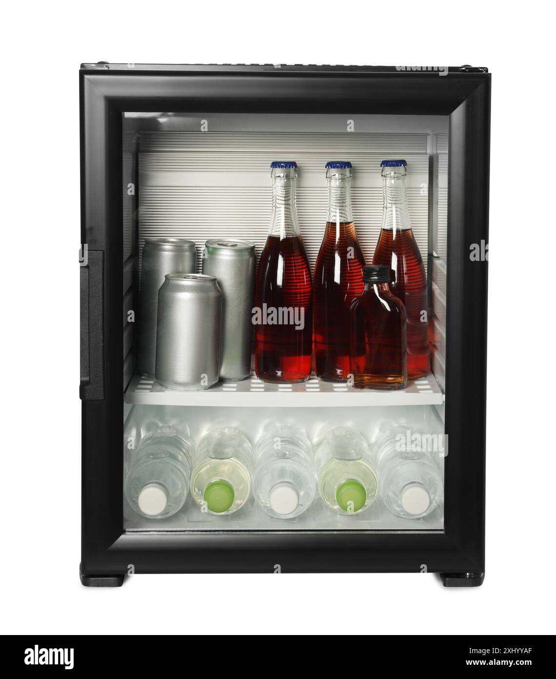 Mini refrigerator with drinks isolated on white Stock Photo - Alamy