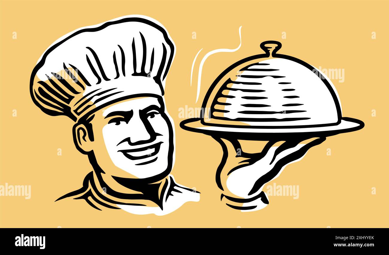 Chef with tray. Male cook and cloche. Vector illustration for ...