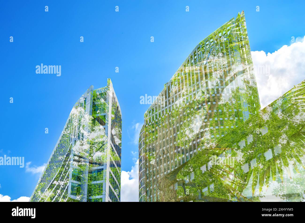 Environment. Modern buildings and green trees, double exposure Stock ...