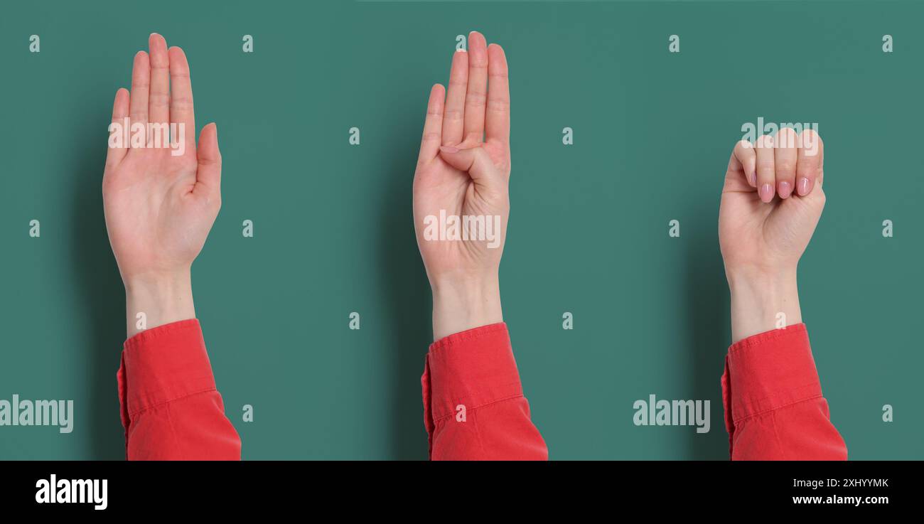 Signal for help. Woman gesturing on teal background, collage Stock ...