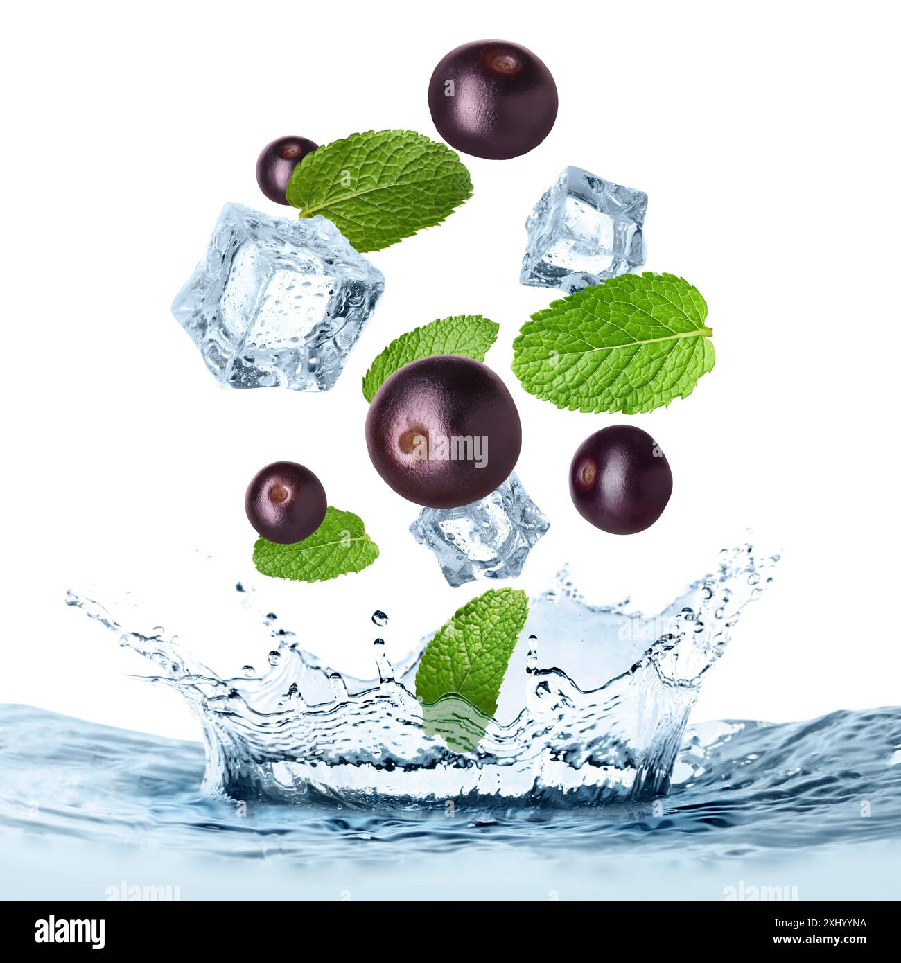 Acai berries, mint leaves and ice cubes falling into water on white ...