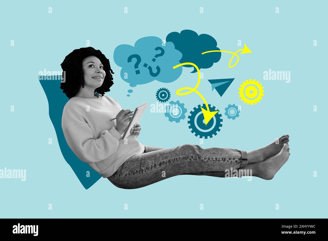 Composite collage image of young thoughtful female create business ...