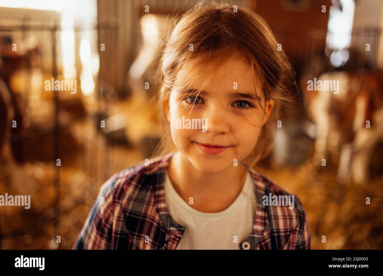 A close-up portrait of a little girl in a plaid shirt on a farm. A cute ...