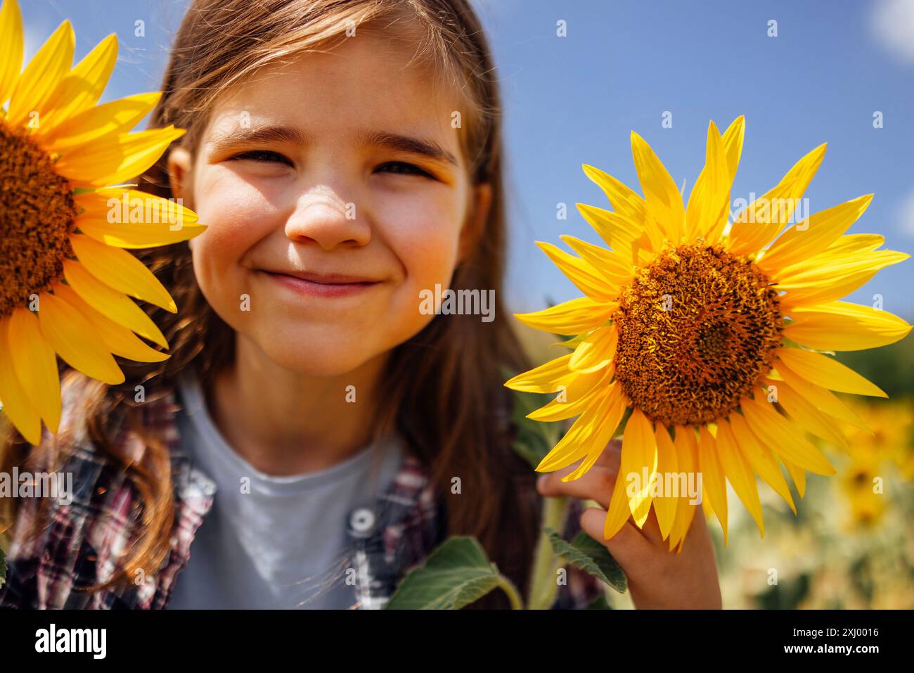 Close-up portrait of a cute girl with sunflowers. A small child is ...