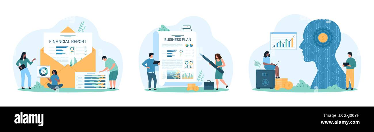 Financial analytics, accounting and audit services with AI set. Tiny ...