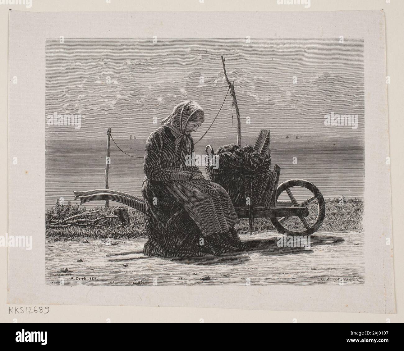 Xylograph by H.P. Hansen and A. Dorph depicting a girl fishing, showing ...