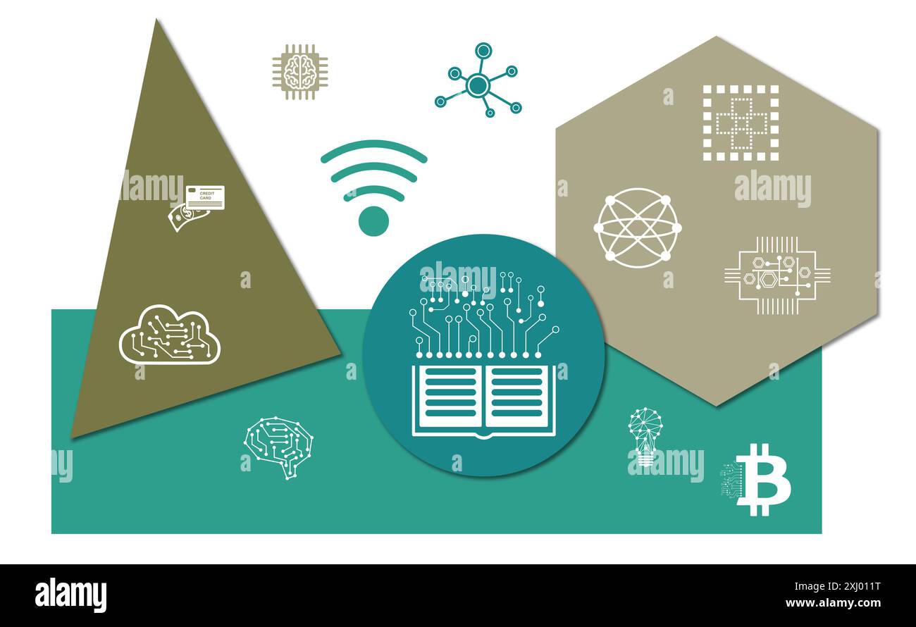 Concept of digital disruption with icons on geometric shapes background ...