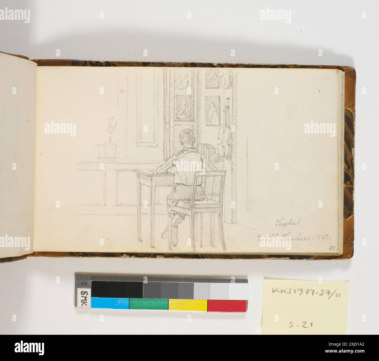 Drawing by Martinus Rørbye of an interior scene showing a boy sitting ...