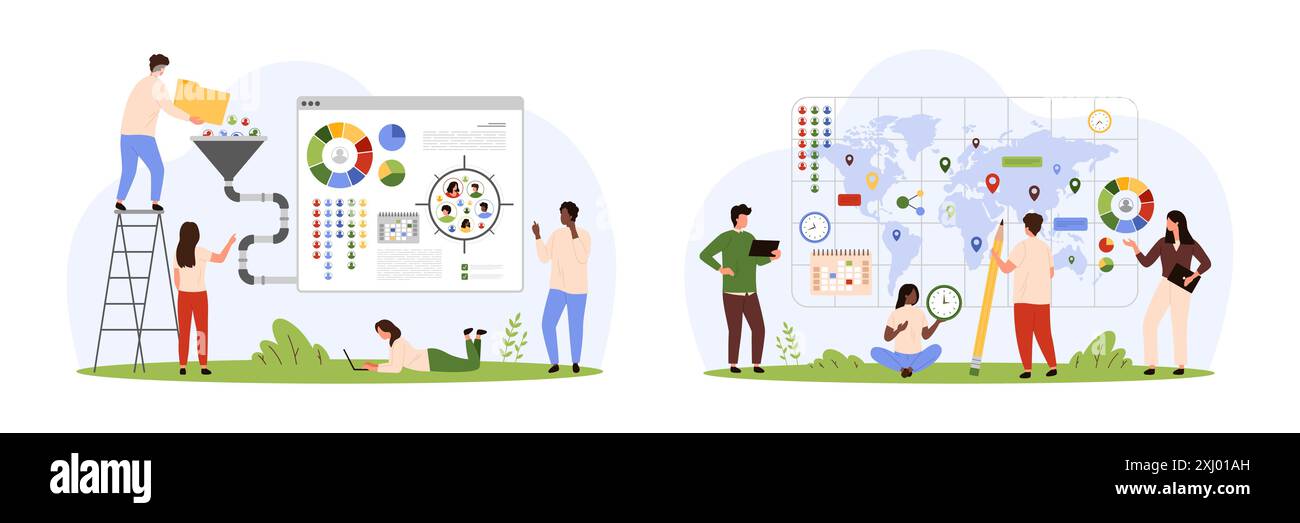 Sociology, global population and interaction analysis set. Tiny people ...
