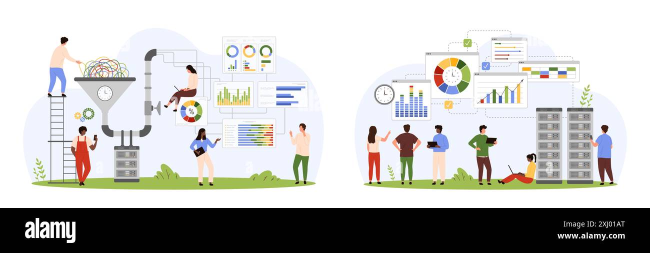Data mining, classification of digital information and tech documents set. Tiny people work with ...