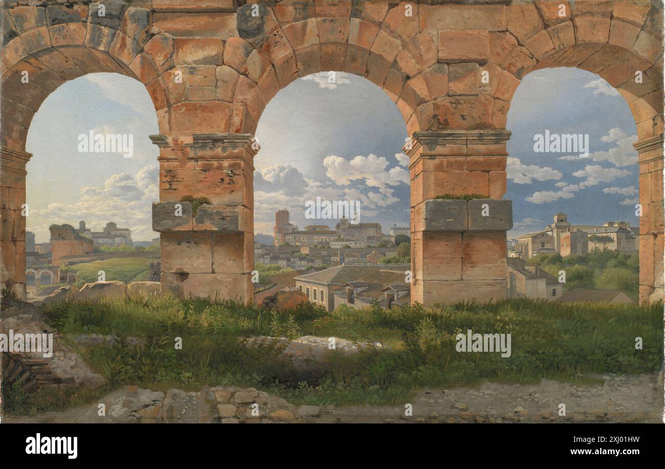 The painting shows a view through three arches on the third storey of ...