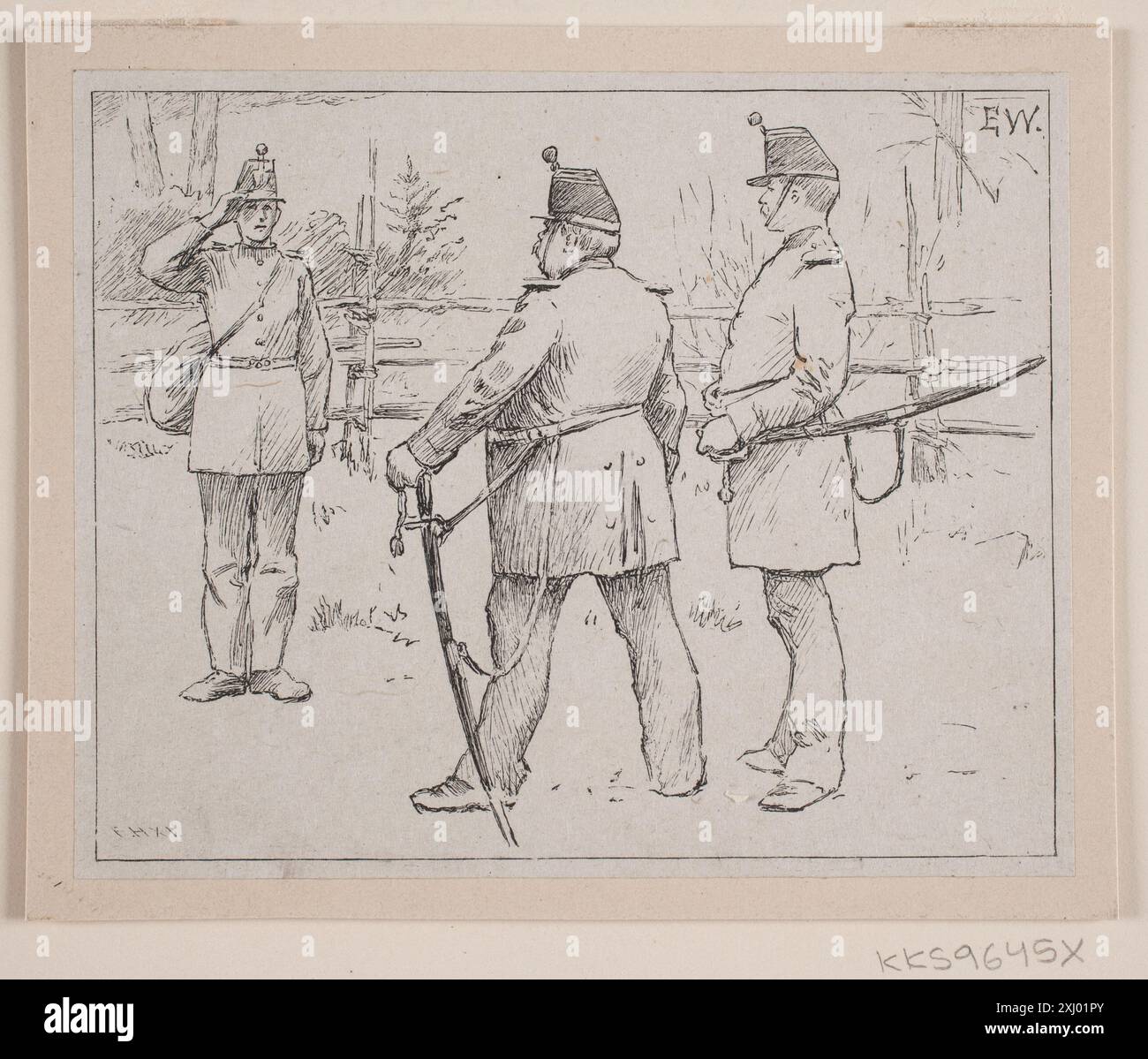 An undated xylograph by F. Hendriksen, depicting a soldier delivering a ...