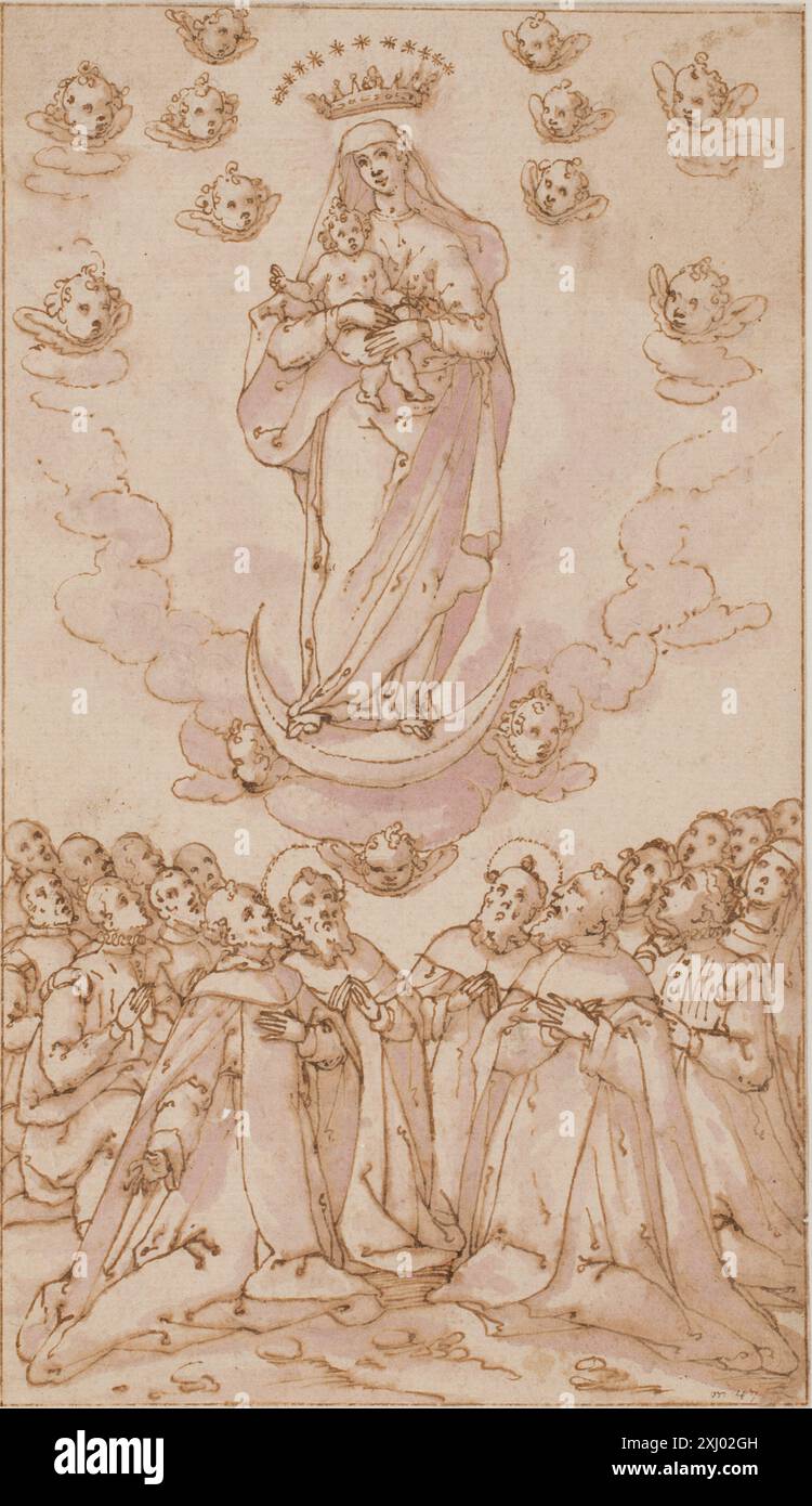 Madonna and Child on a crescent moon appearing to a group of saints ...
