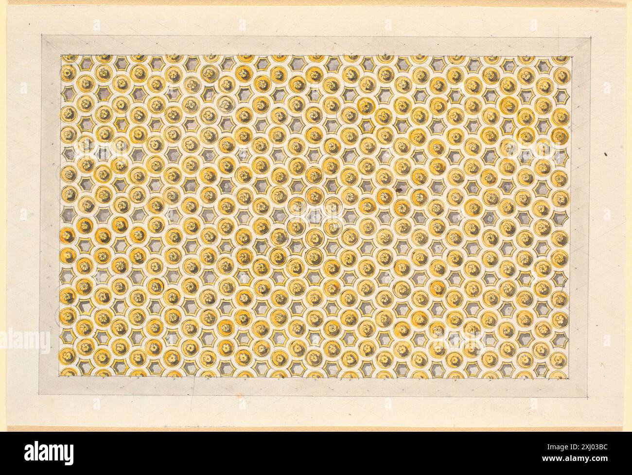 Draft of a ceiling with many small circular and polygonal cassettes ...