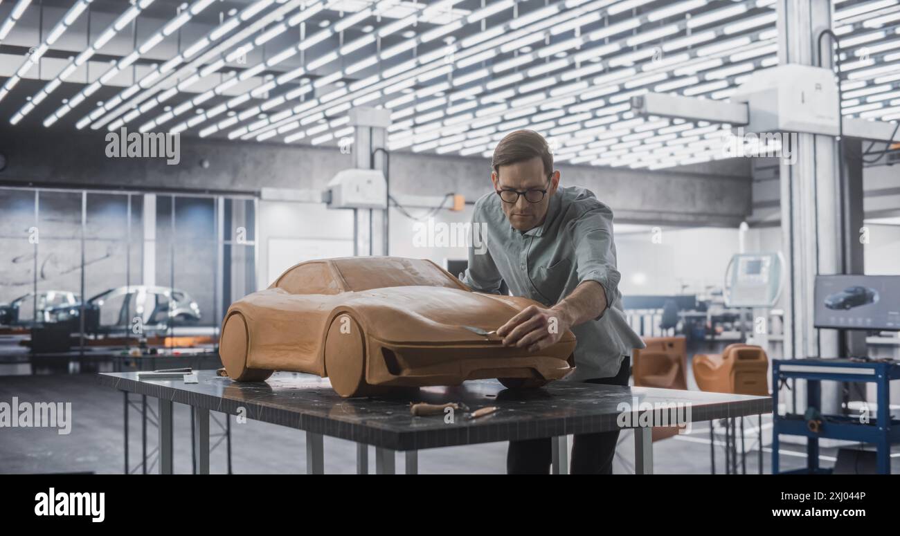 Handsome Automotive Designer in Glasses Working on a Prototype Car Out ...