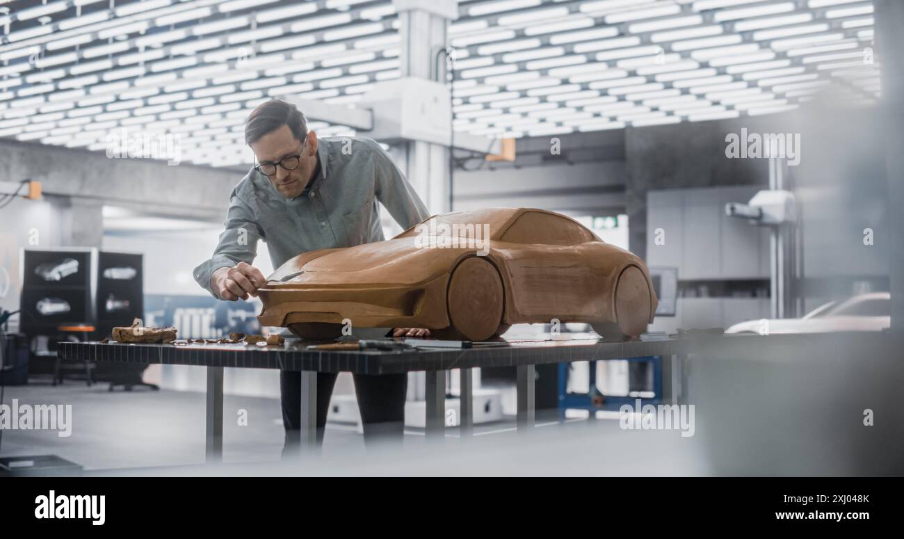 Car Modeler In Creative Workplace Working on a Concept Car Made Out of ...