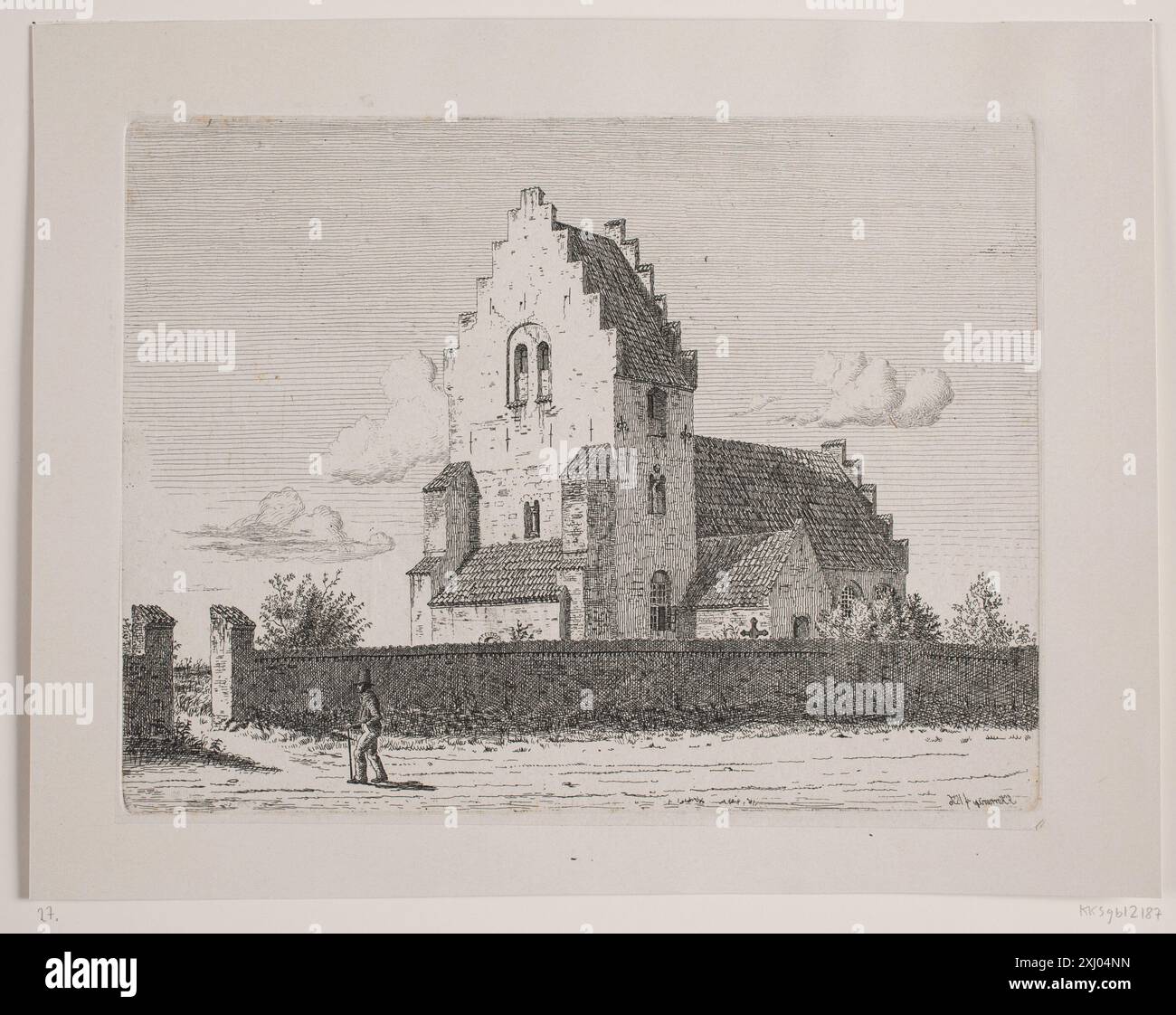 An engraving by Jacob Kornerup showing Himmelev Church, illustrating ...