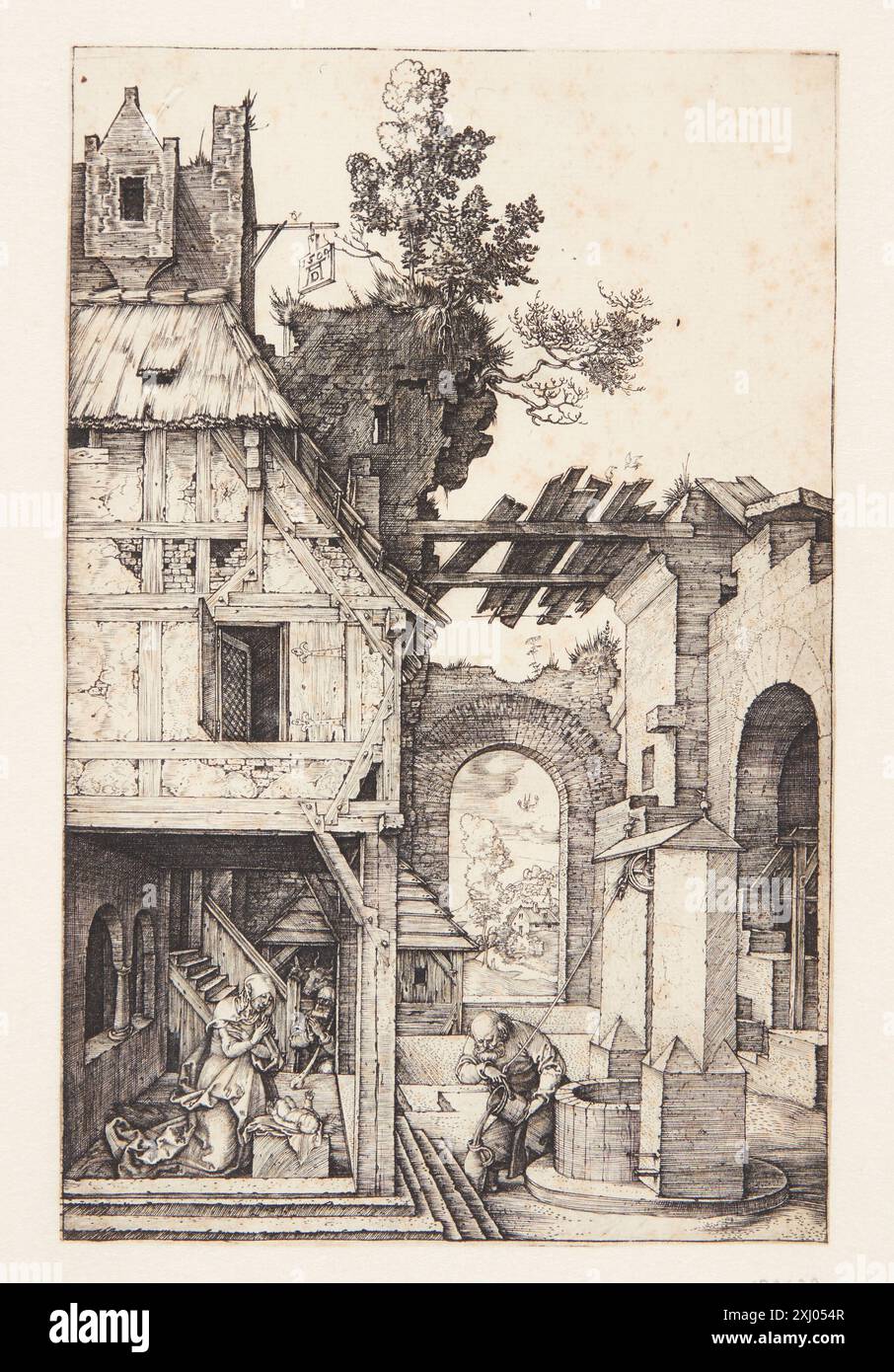 A copper engraving by Albrecht Dürer depicting the Nativity, showing ...